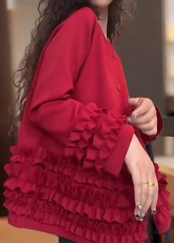 Boho Red Ruffled Oversized Cotton Coats Fall – SooLinen