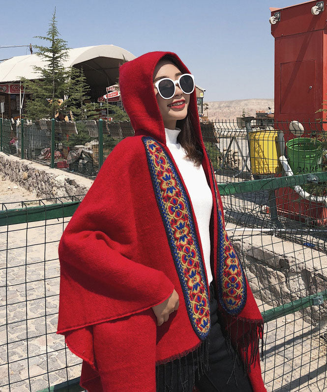 Boho Red Tasseled Hooded Embroideried Cashmere Shawl Cloak – SooLinen