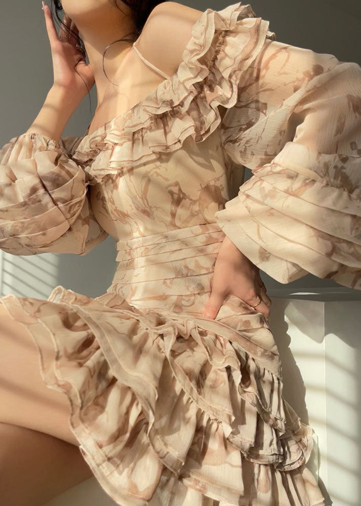 Boutique Beige Slash neck Ruffles Chiffon Maxi Spaghetti Strap Dresses ...