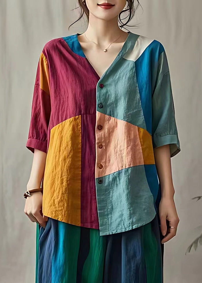 Boutique Colorblock Asymmetrical Patchwork Linen Shirt Tops Summer ...