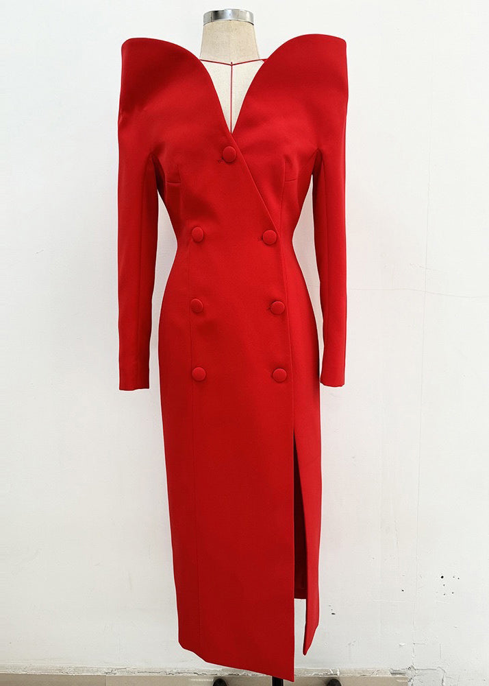 Boutique Red Slash Neck Double Breast Side Open Dress Fall – SooLinen