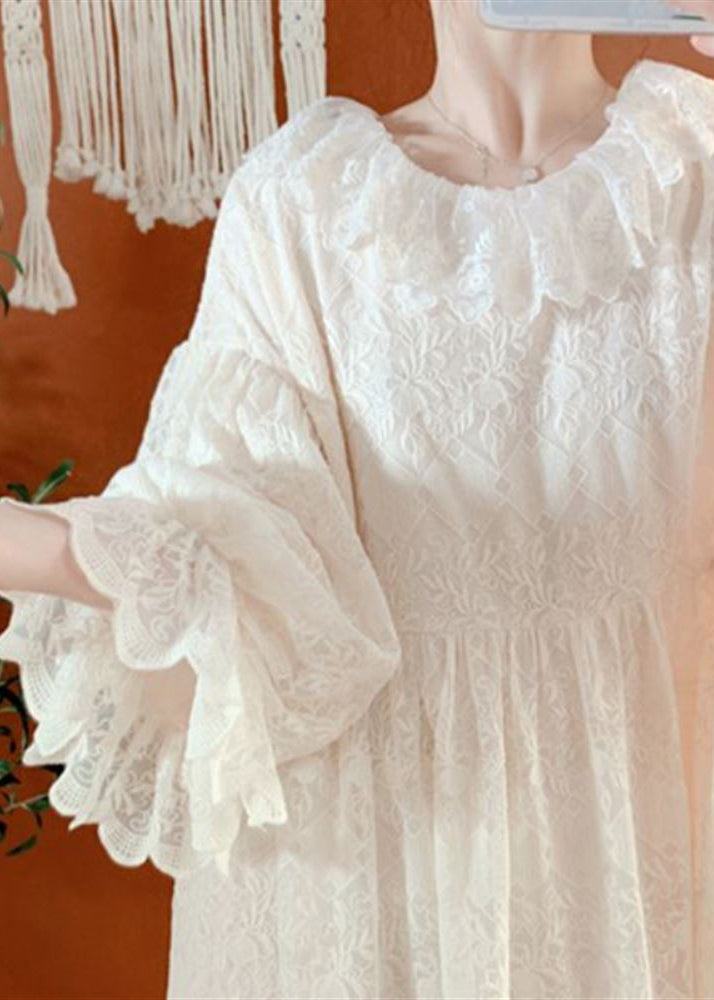 Brief Apricot Lace Patchwork Maxi Dress Lantern Sleeve – SooLinen