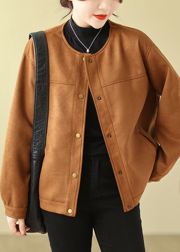 Camel Faux Suede Jacket O-Neck Oversized Spring – SooLinen