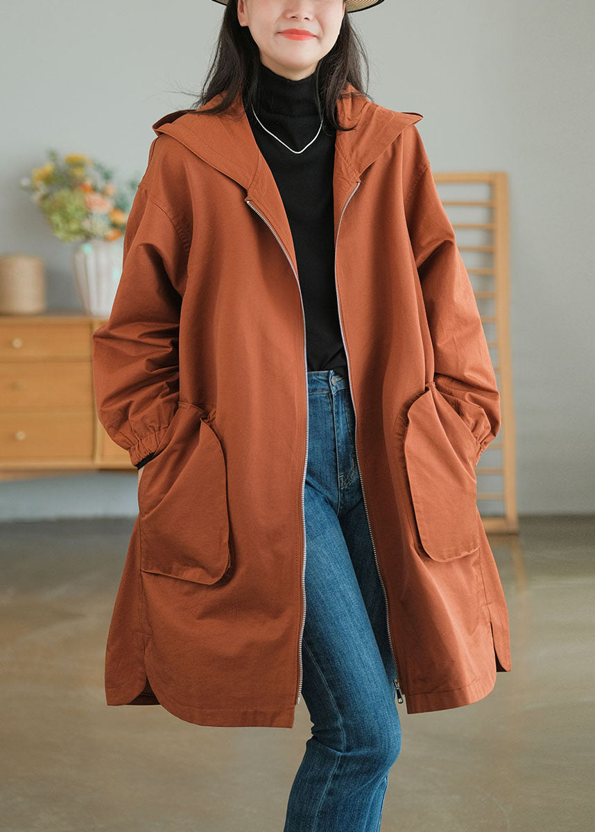 Caramel Fine Cotton Loose Coats Hooded Zippered Fall – SooLinen