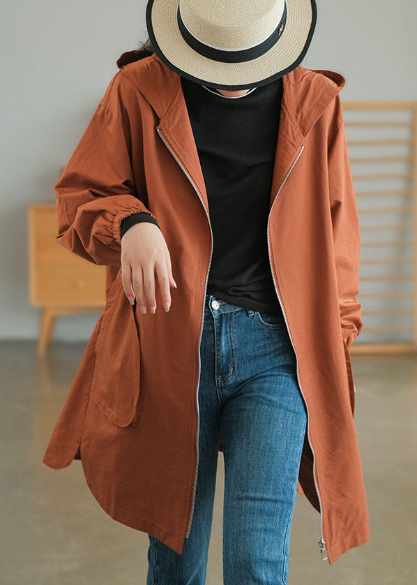 Caramel Fine Cotton Loose Coats Hooded Zippered Fall – SooLinen