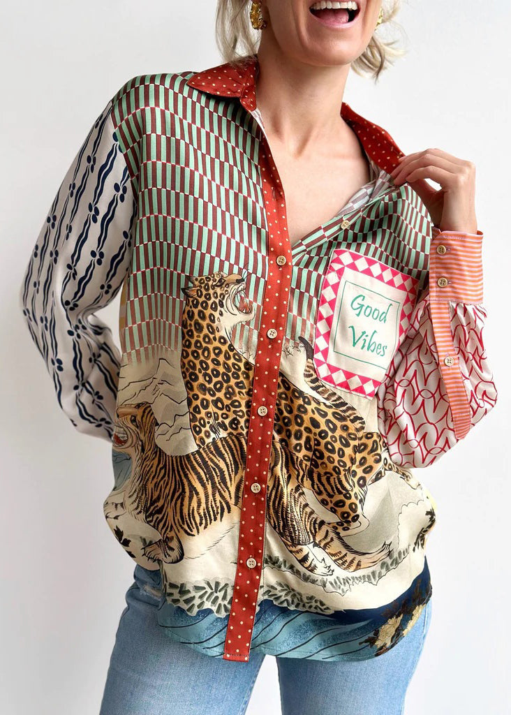 Chic Animal Print Asymmetrical Button Cotton Shirts Long Sleeve – SooLinen