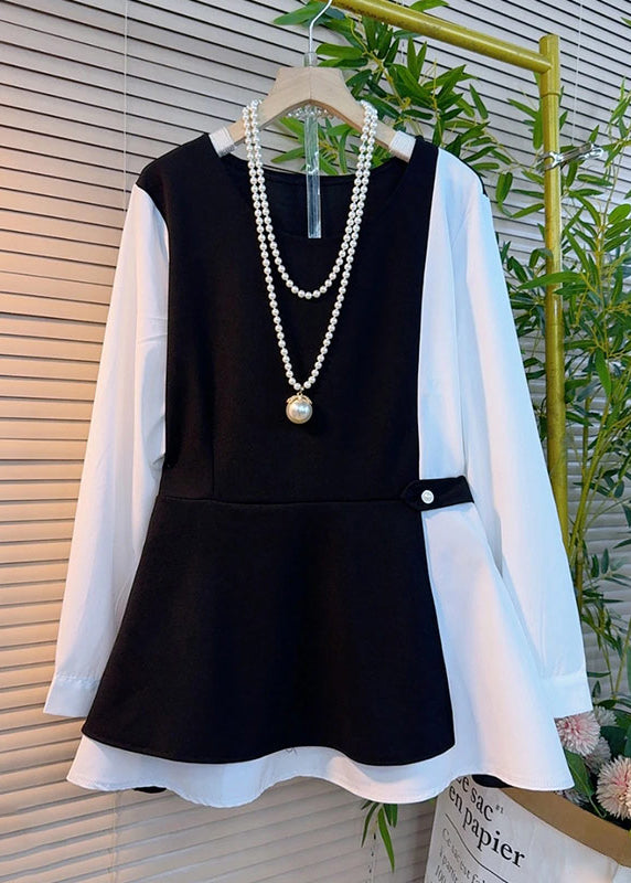 Chic Black Oversized Patchwork Cotton Fake Two Piece Tops Fall – SooLinen