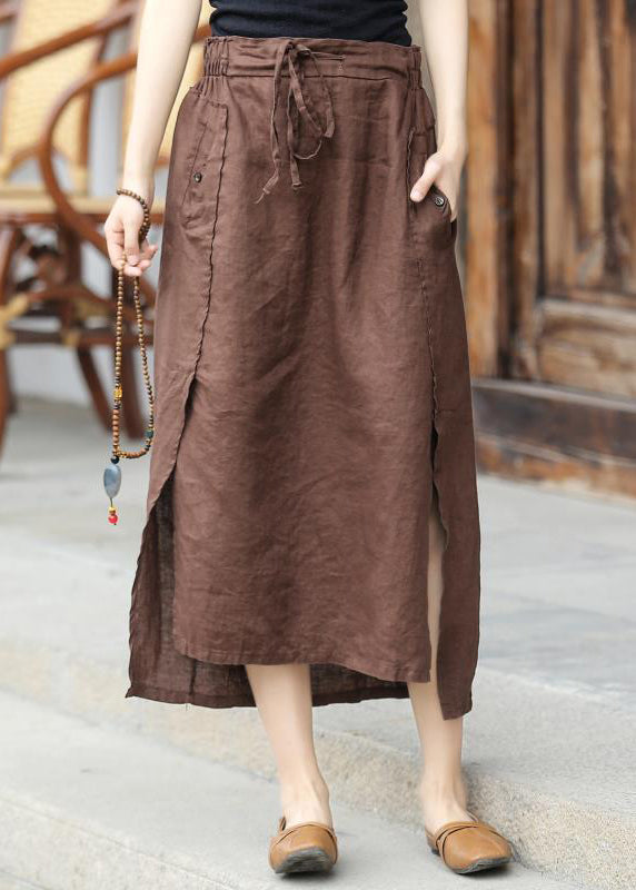 Chic Brown elastic waist tie waist Asymmetrical Pockets Linen Skirt Sp ...