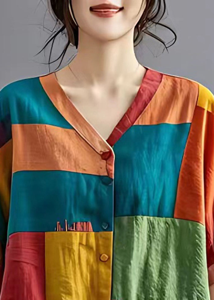 Chic Colorblock Asymmetrical Patchwork Applique Linen Shirt Top Summer ...