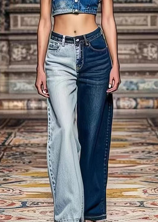Chic Colorblock Asymmetrical Pockets High Waist Denim Crop Pants Summe ...