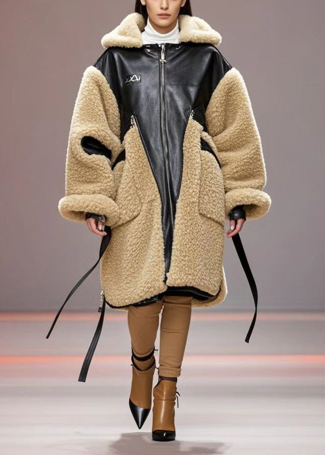 Chic Khaki Oversized Patchwork PU Fuzzy Fur Trench Winter – SooLinen