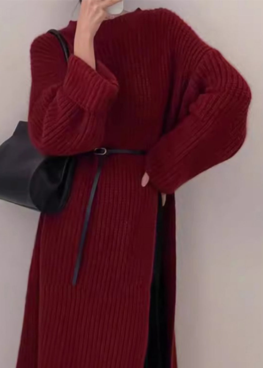 Chic Red O Neck Side Open Knit Long Sweater Winter – SooLinen