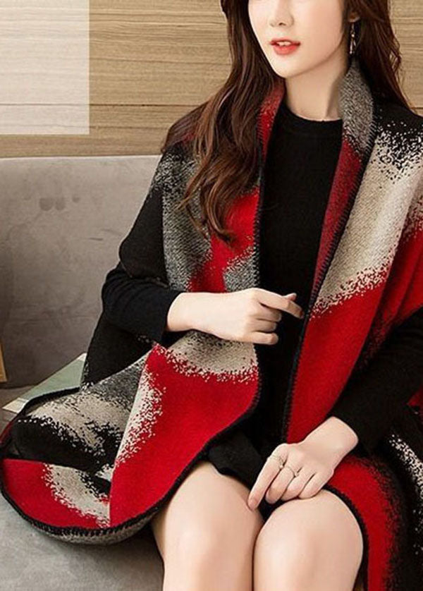 Chic Red Oversized Print Warm Wool Knit Cloak Spring – SooLinen
