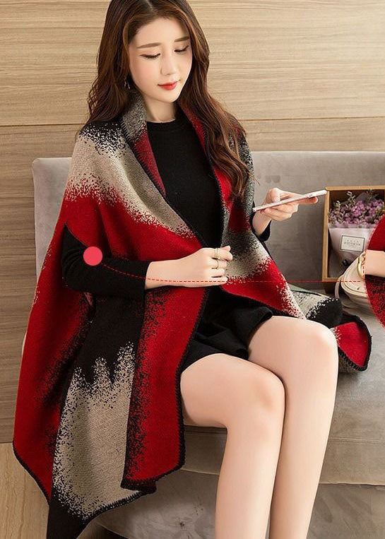 Chic Red Oversized Print Warm Wool Knit Cloak Spring – SooLinen