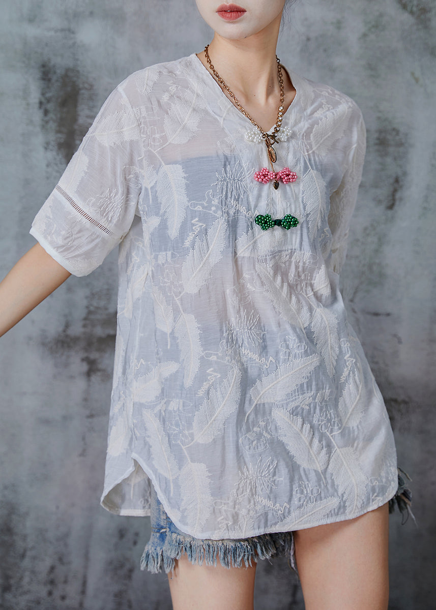 Chic White Embroidered Chinese Button Cotton Shirt Tops Summer – SooLinen