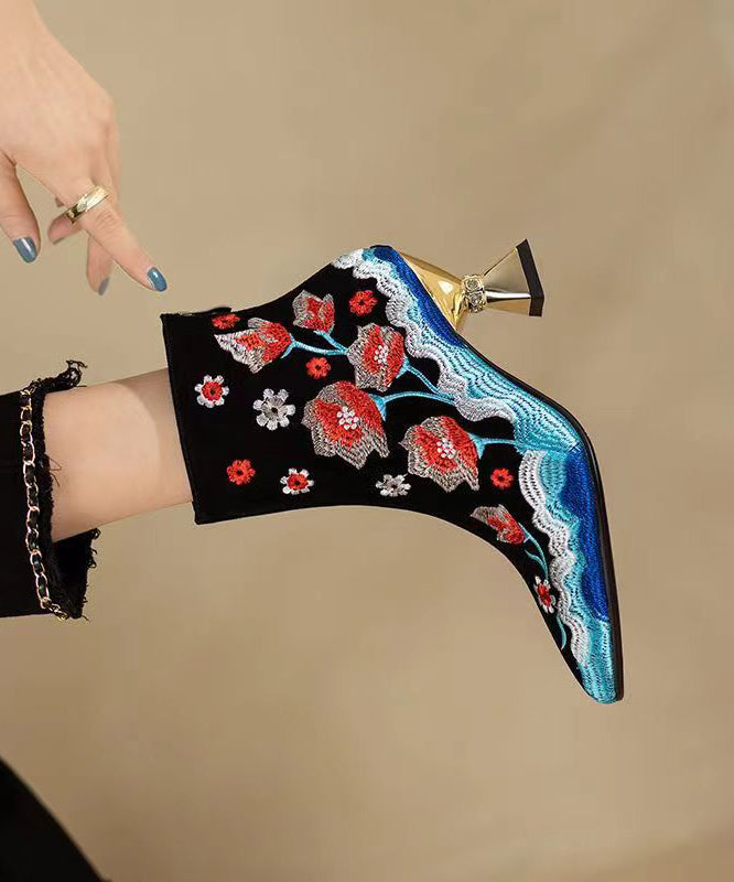 Chinese Style Black Flower Embroidered Pointed Toe Short Boots – SooLinen