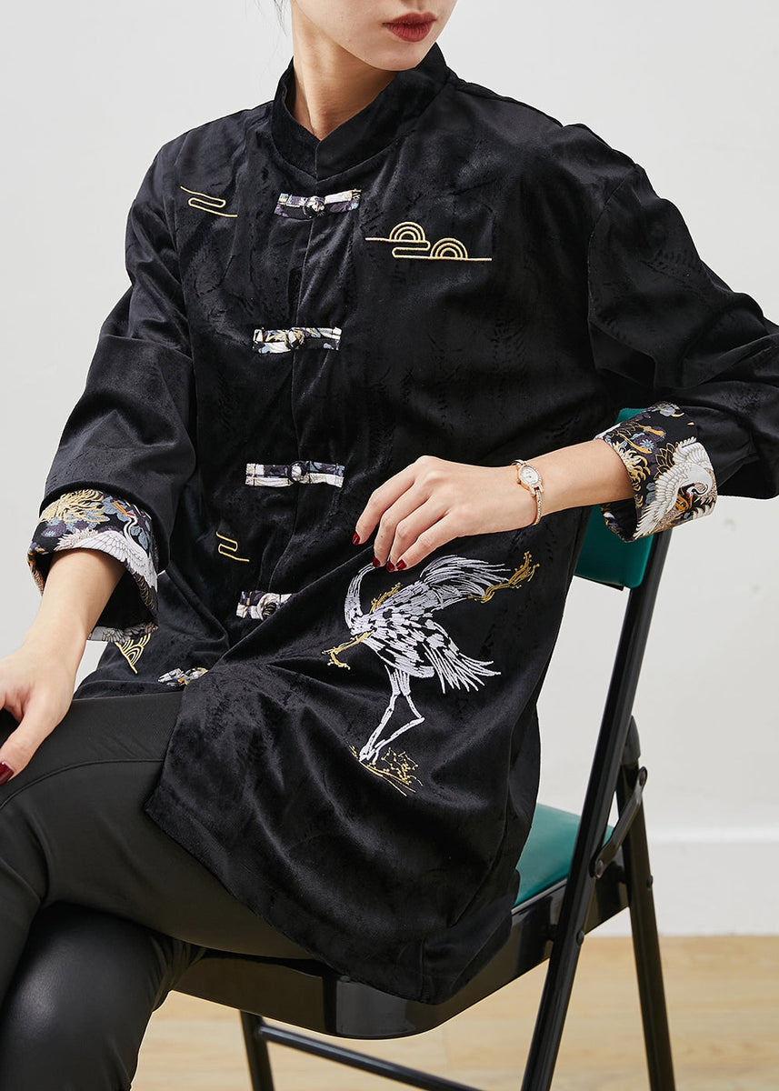 Chinese Style Black Mandarin Collar Embroidered Velour Shirts Spring ...