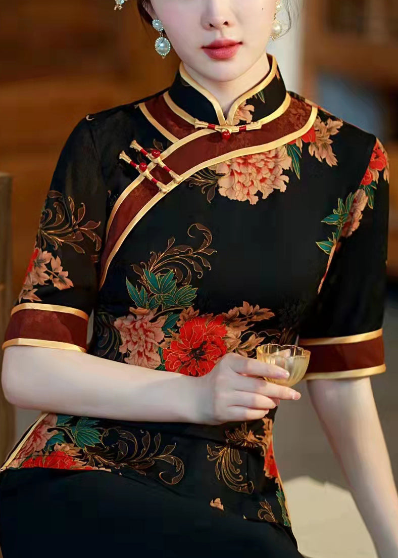 Chinese Style Black Stand Collar Print Button Cotton Top Summer – SooLinen