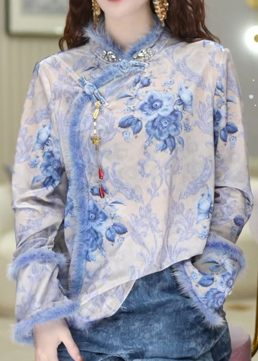 Chinese Style Blue Print Oriental Button Patchwork Silk Top Spring ...