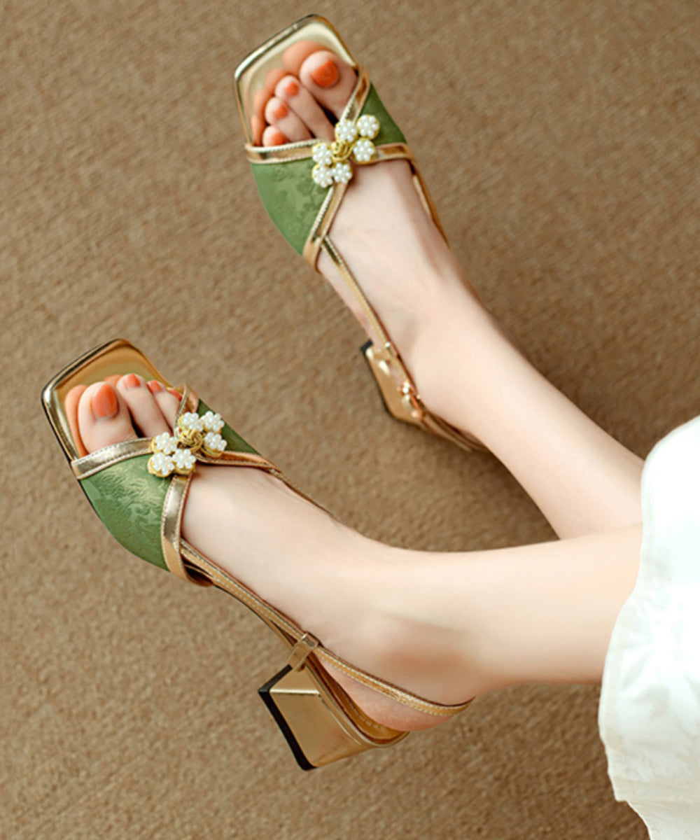 Chinese Style Chunky Sandals Green Cowhide Leather Peep Toe – SooLinen
