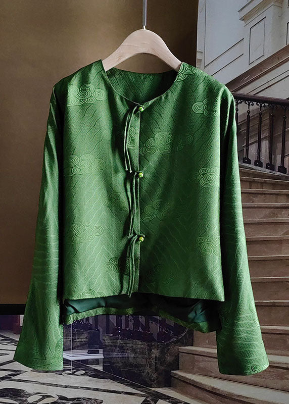 Chinese Style Green Tasseled Button Jacquard Silk Coats Spring – SooLinen