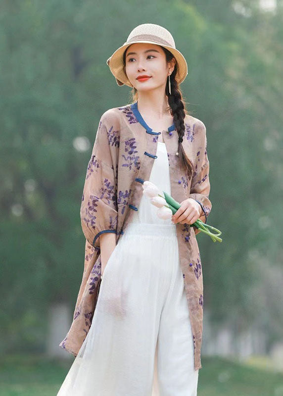 Chinese Style Purple Print Button Patchwork Mid Linen Shirts Summer ...