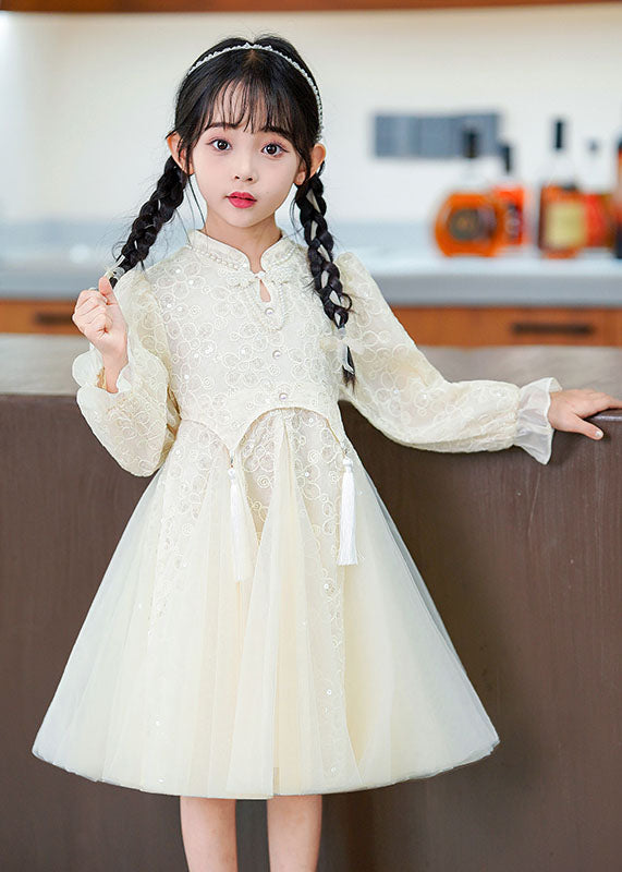 Chinese Style White Asymmetrical Nail Bead Tulle Girls Maxi Dress Flar