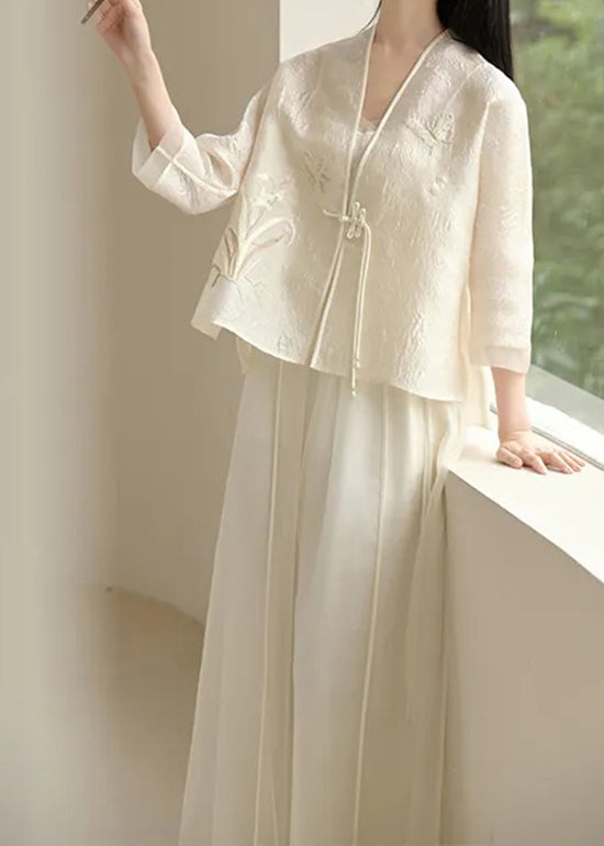 Chinese Style White V Neck Embroidered Tasseled Silk Two Piece Set Out ...