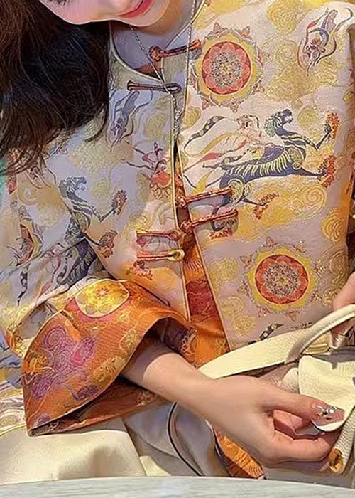 Chinese Style Yellow O-Neck Button Silk Coats Spring – SooLinen