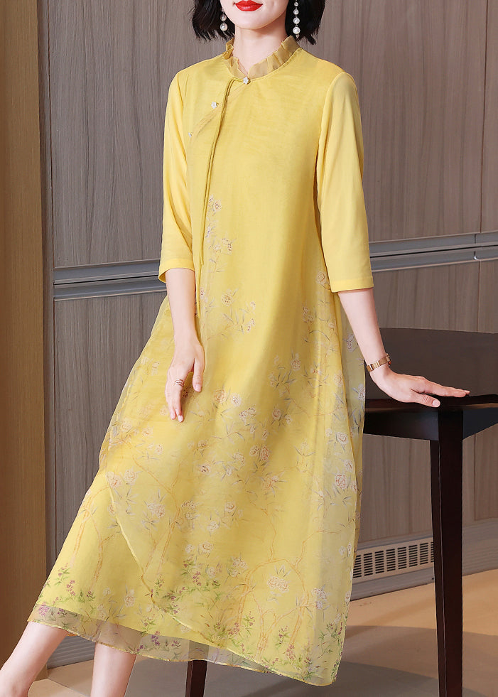 Chinese Style Yellow Ruffled Button Print Long Dress Half Sleeve – SooLinen