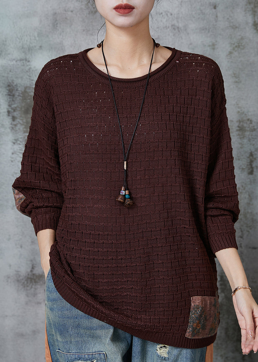 Chocolate Patchwork Knit Sweater Oversized Applique Spring – SooLinen