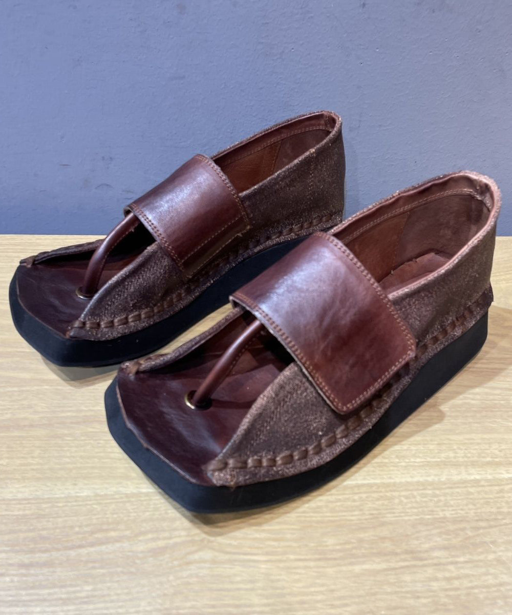 Chocolate Wedge Flip Flops Cowhide Leather Unique Splicing – SooLinen