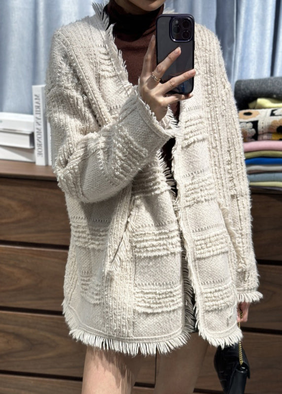 Classy Beige V Neck Tassel Woolen Loose Cardigans Spring – SooLinen