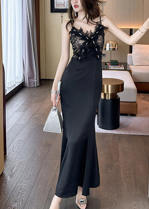 Classy Black V Neck Tulle Patchwork Backless Long Fishtail Dress Summe ...