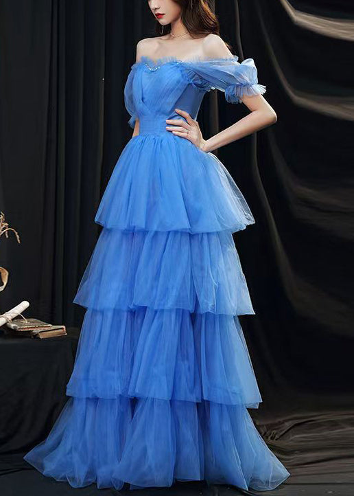 Classy Blue Ruffled Layered Patchwork Tulle Party Dresses Summer – SooLinen