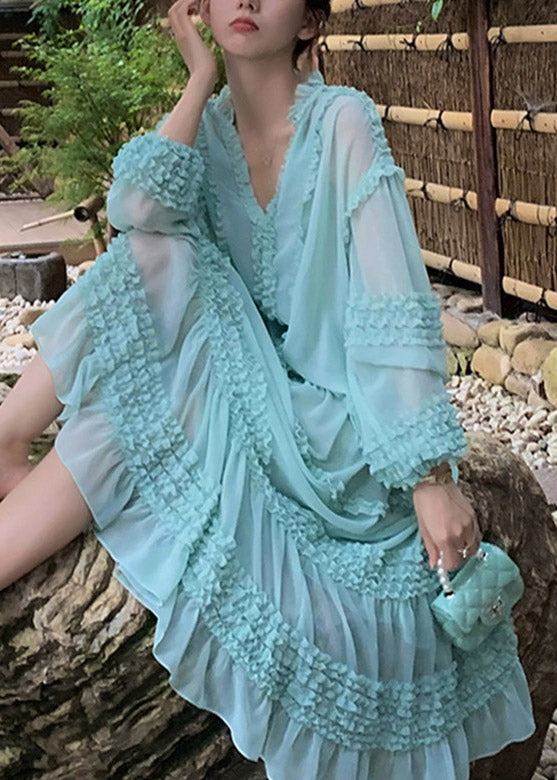 Classy Blue V Neck Ruffled Chiffon Layered Long Dress Long Sleeve ...