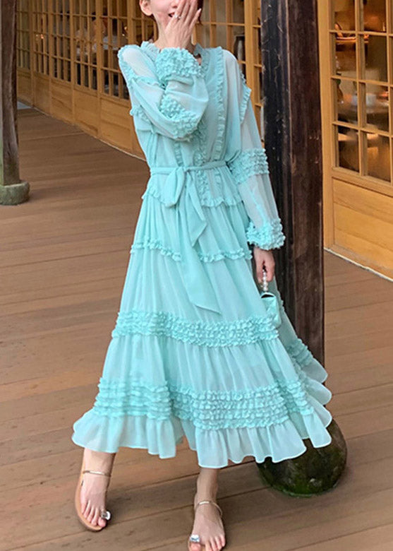 Classy Blue V Neck Ruffled Chiffon Layered Long Dress Long Sleeve ...