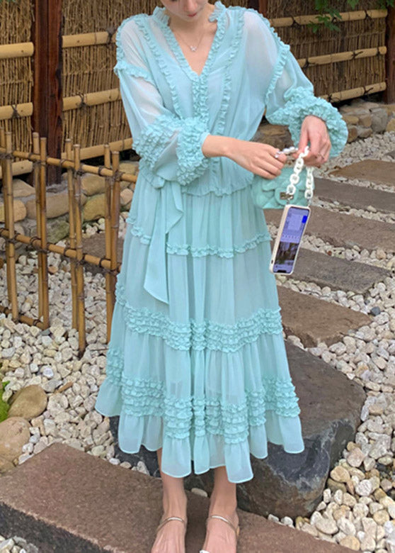 Classy Blue V Neck Ruffled Chiffon Layered Long Dress Long Sleeve ...