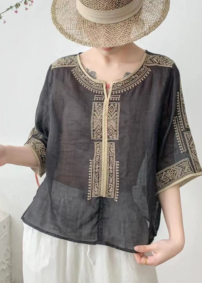 Classy Brown Embroidered Linen Top Half Sleeve – SooLinen