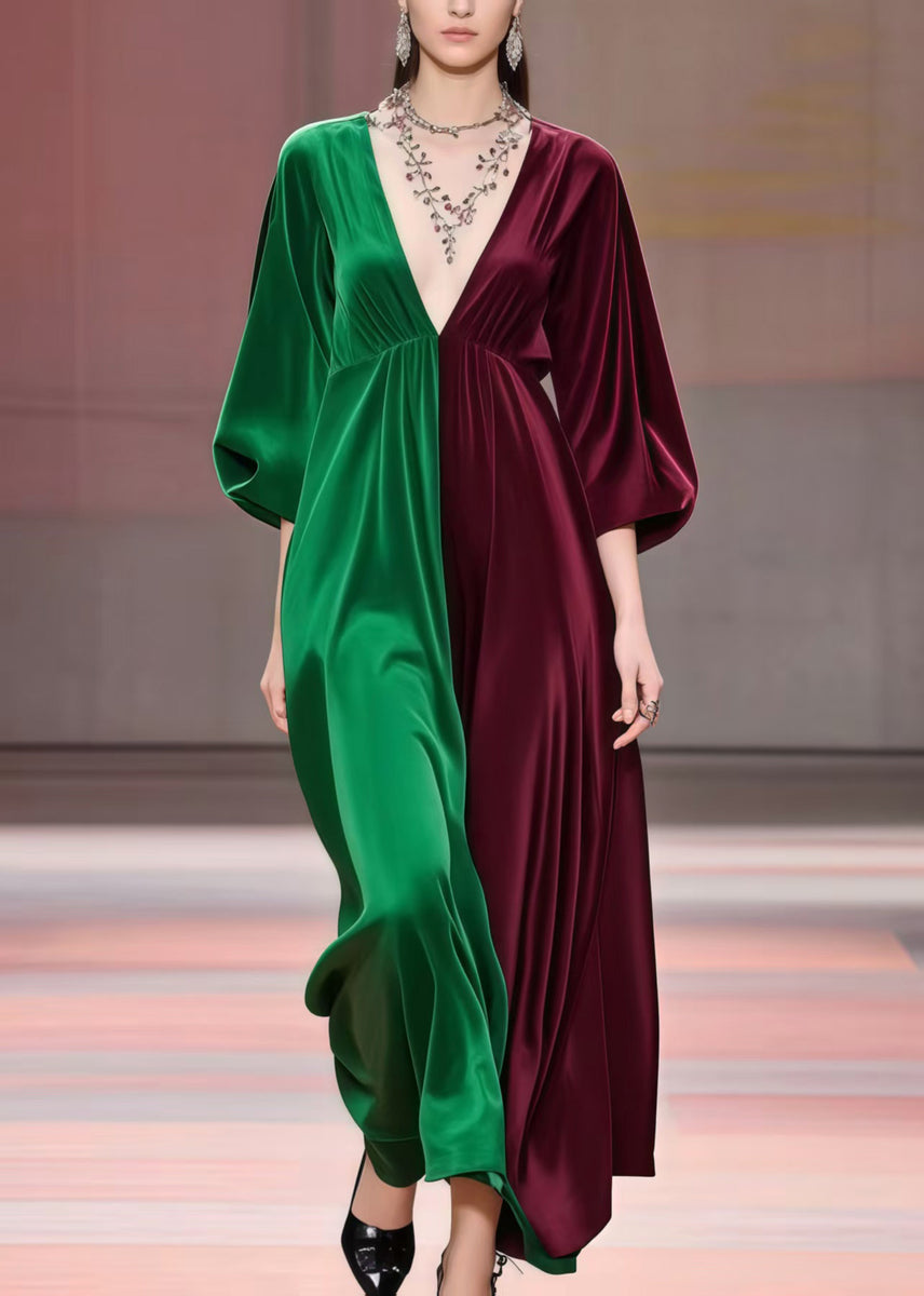 Classy Colorblock V Neck Patchwork Silk Dress Bracelet Sleeve – SooLinen