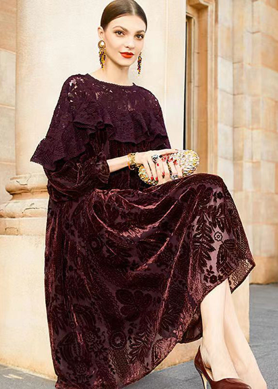 Classy Dull Red Lace Jacquard Patchwork Silk Velour Dresses Fall – SooLinen