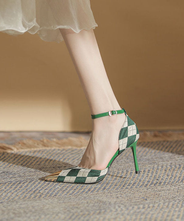 Classy Green Plaid Cotton Fabric High Heels Splicing Buckle Strap ...
