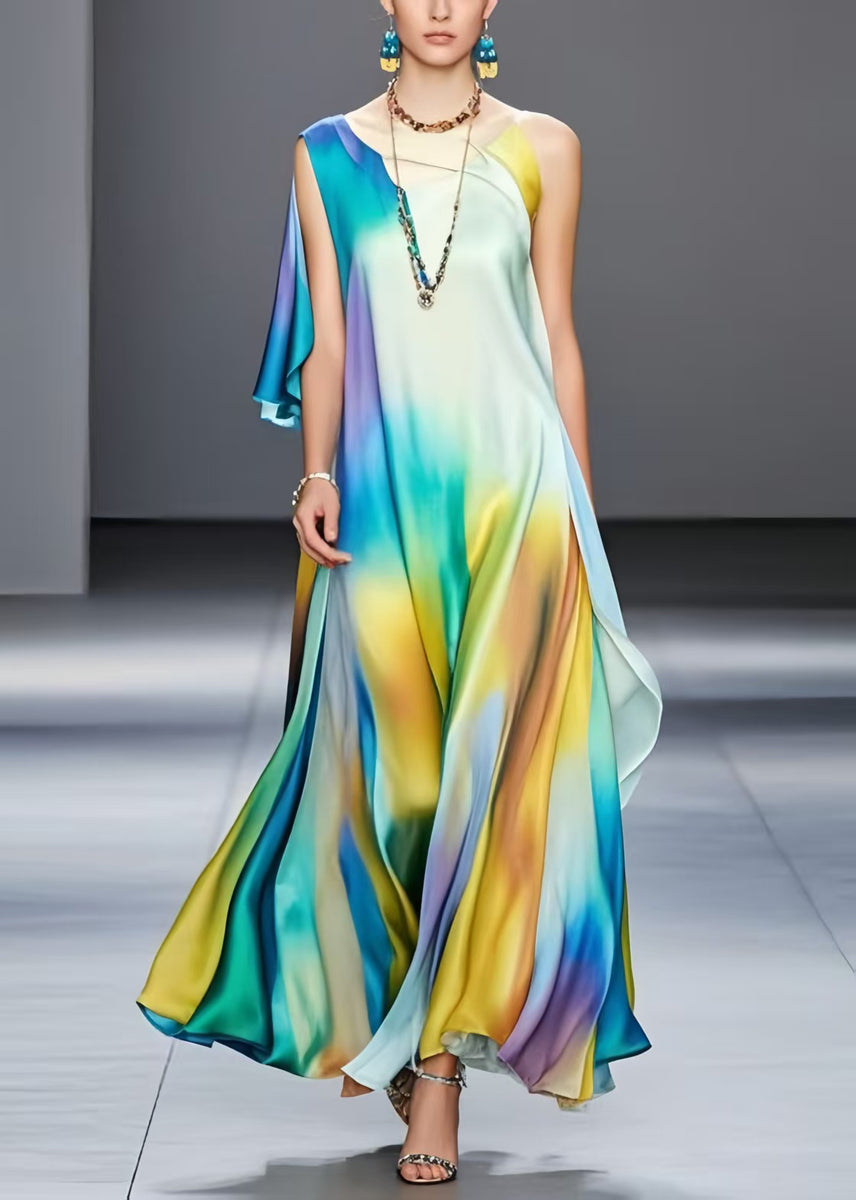 Classy Rainbow Asymmetrical Tie Dye Silk Robe Dresses Summer – SooLinen