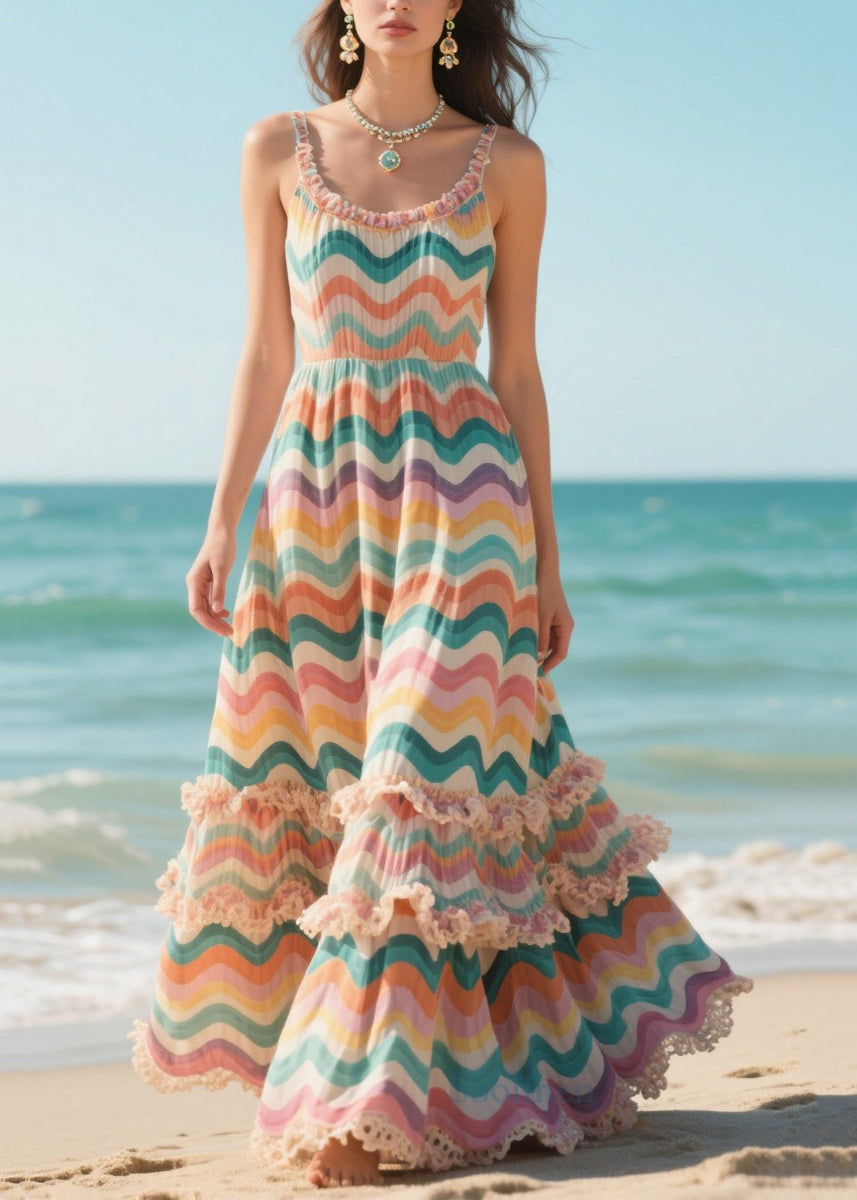 Classy Rainbow Ruffled Striped Chiffon Sun Dress Summer – SooLinen