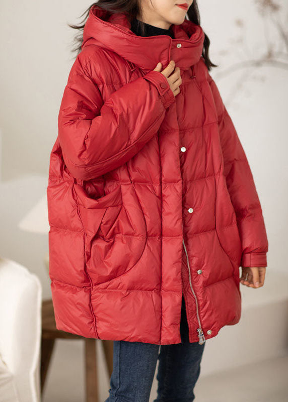 Classy Red Hooded Oversized Drawstring Cotton Blend Down Coat Winter ...