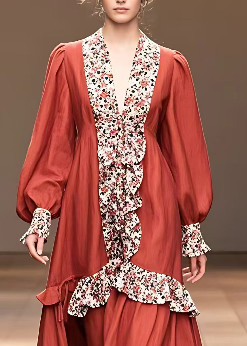 Classy Red V Neck Print Maxi Dresses Lantern Sleeve – SooLinen