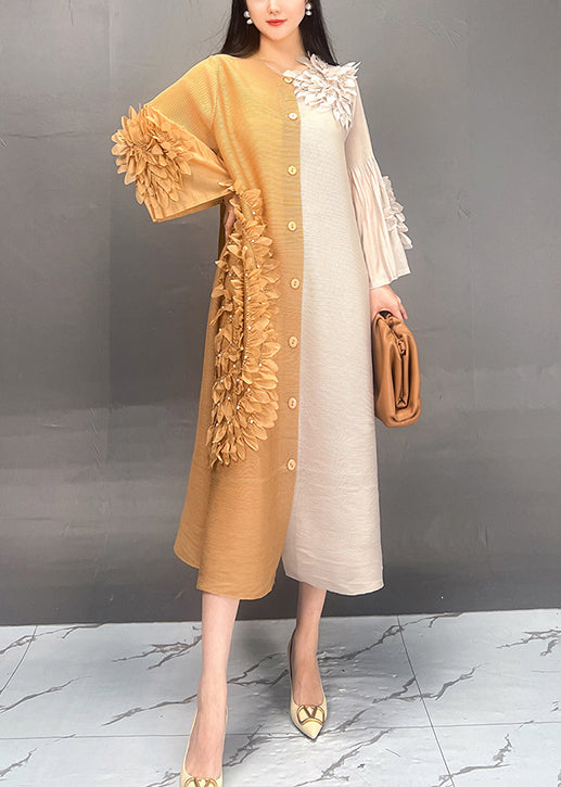Classy Yellow Floral Button Patchwork Silk Dress Fall – SooLinen