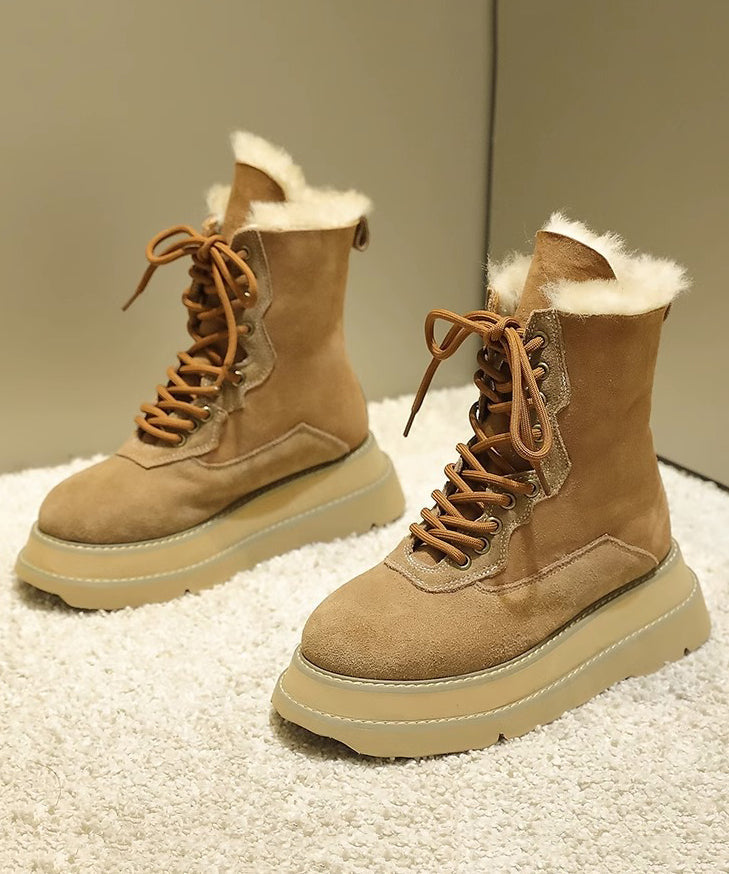 Comfortable Platform Fuzzy Wool Lined Boots Brown Suede Cross Strap ...