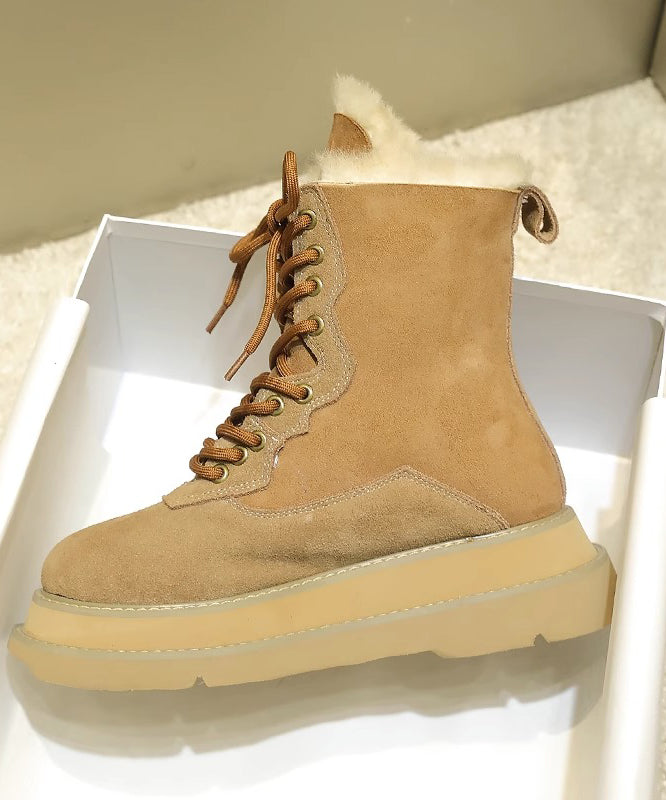 Comfortable Platform Fuzzy Wool Lined Boots Brown Suede Cross Strap ...
