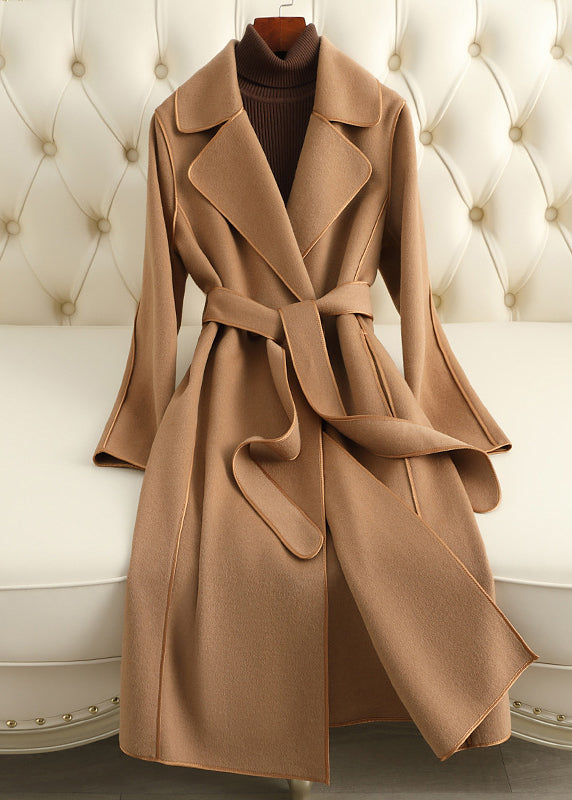 Cute Camel Notched Patchwork Tie Waist Woolen Long Coats Fall – SooLinen